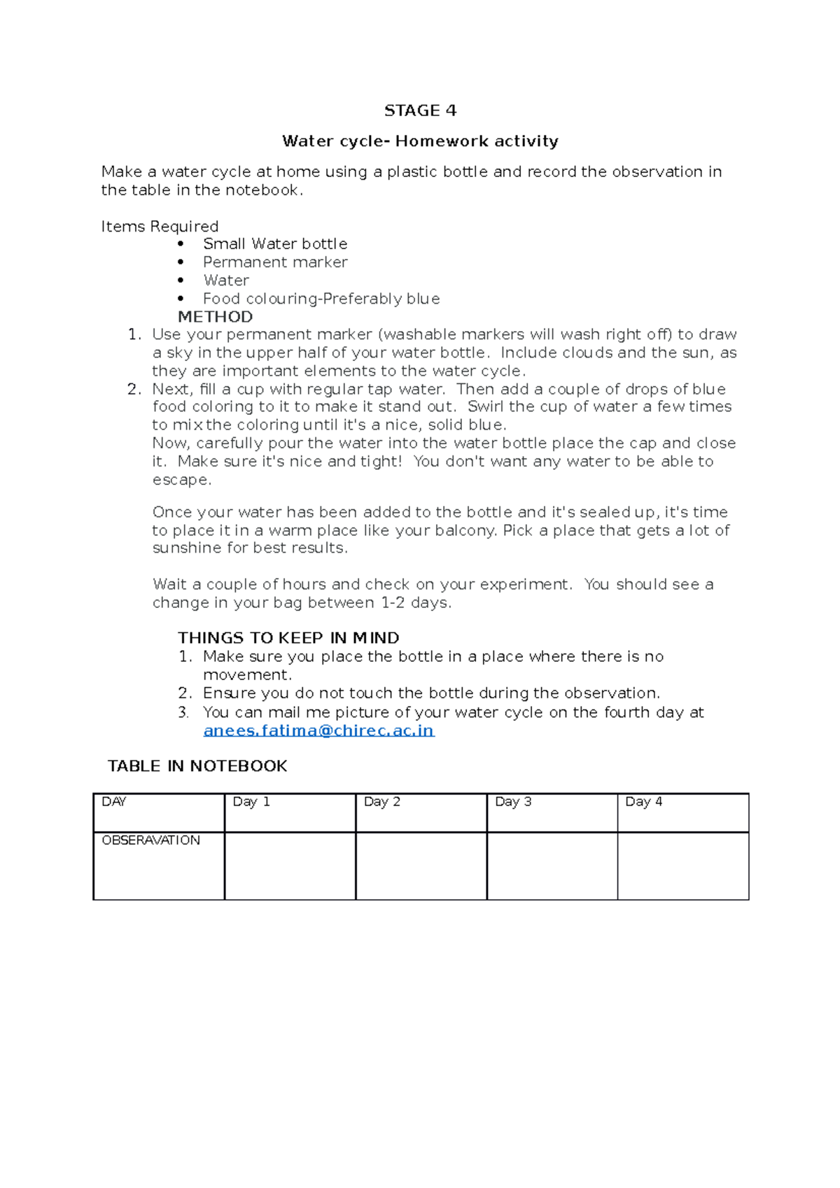 Water Cycle Homework Activity copy - STAGE 4 Water cycle- Homework ...