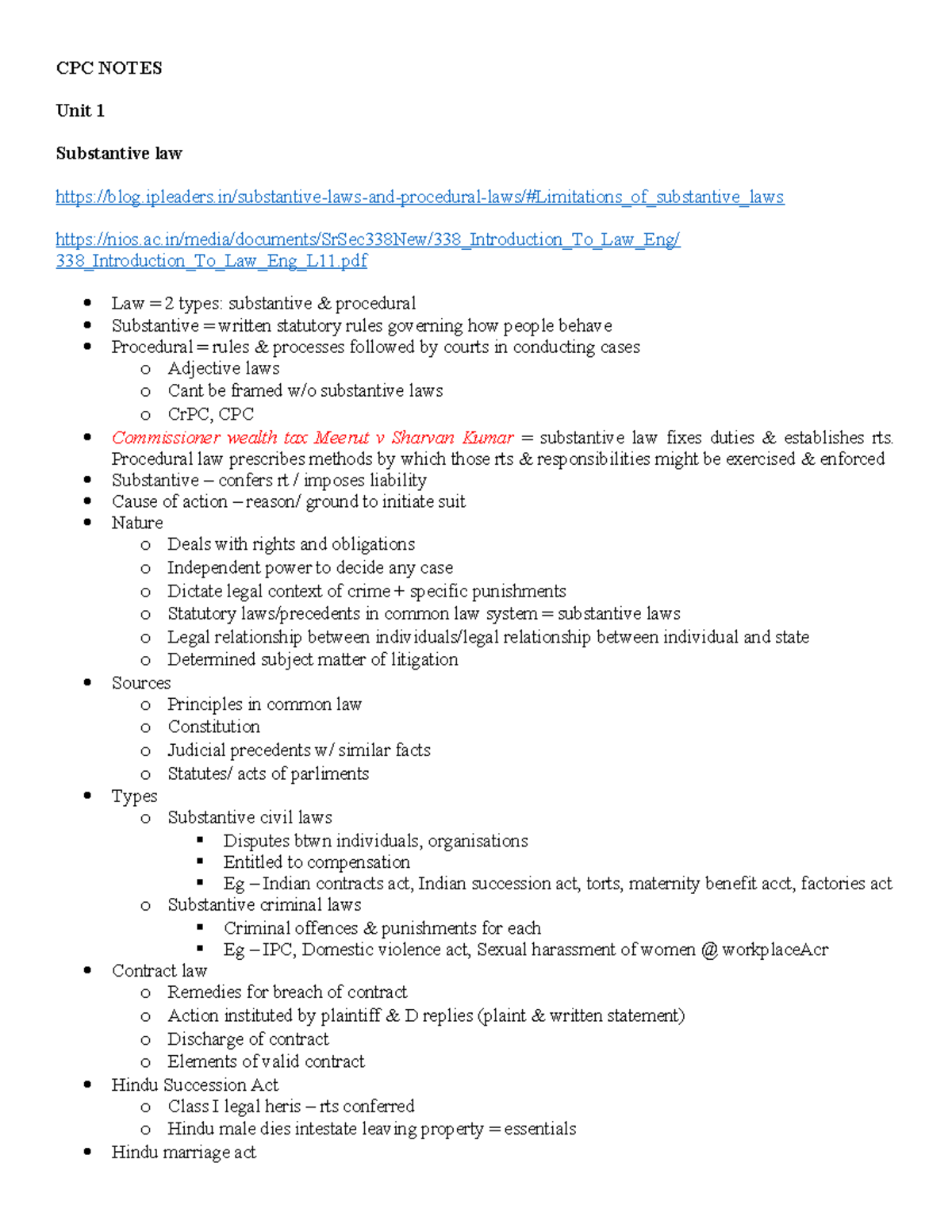 CPC Notes - CPC NOTES Unit 1 Substantive law - Studocu