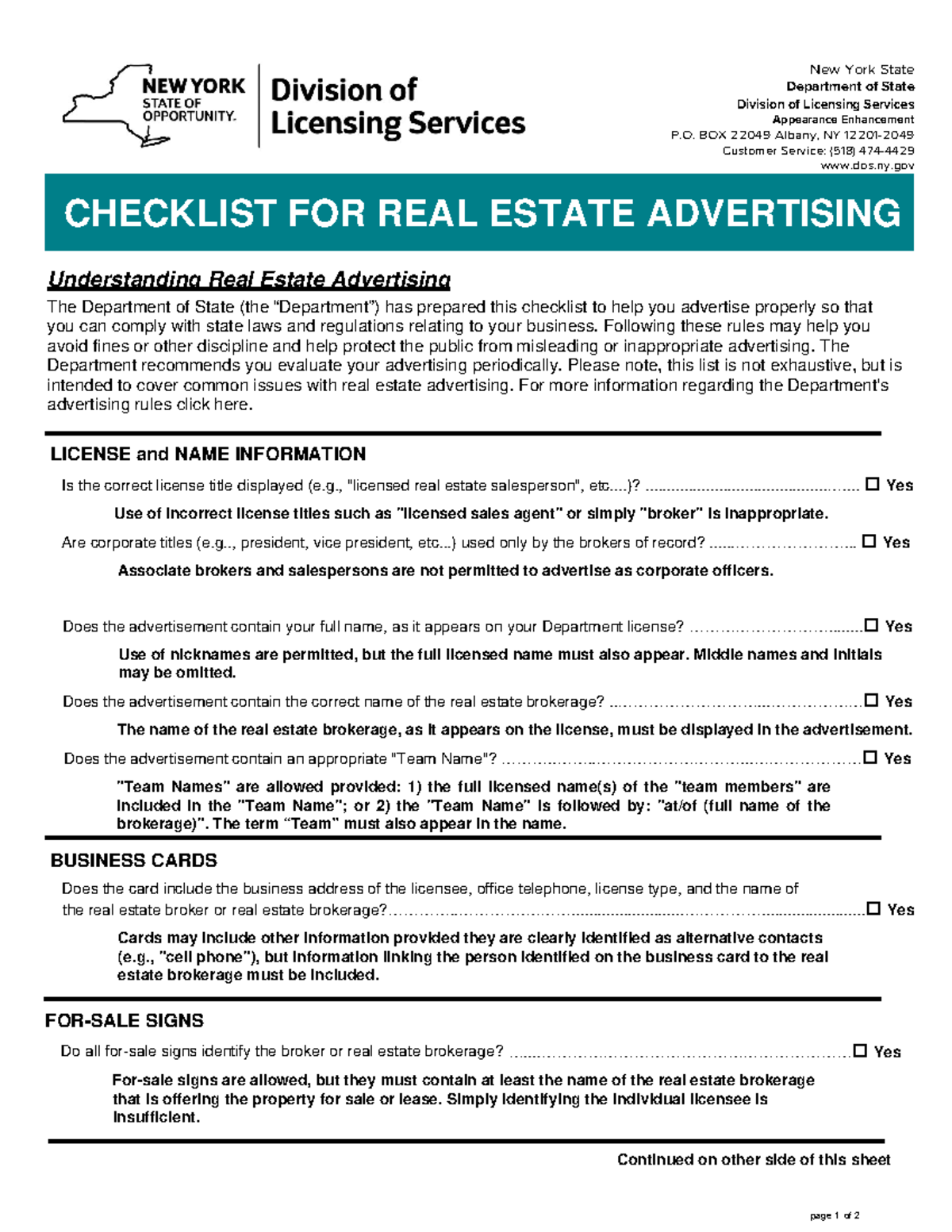 Real estate advertising checklist - page 1 of 2 New York State ...