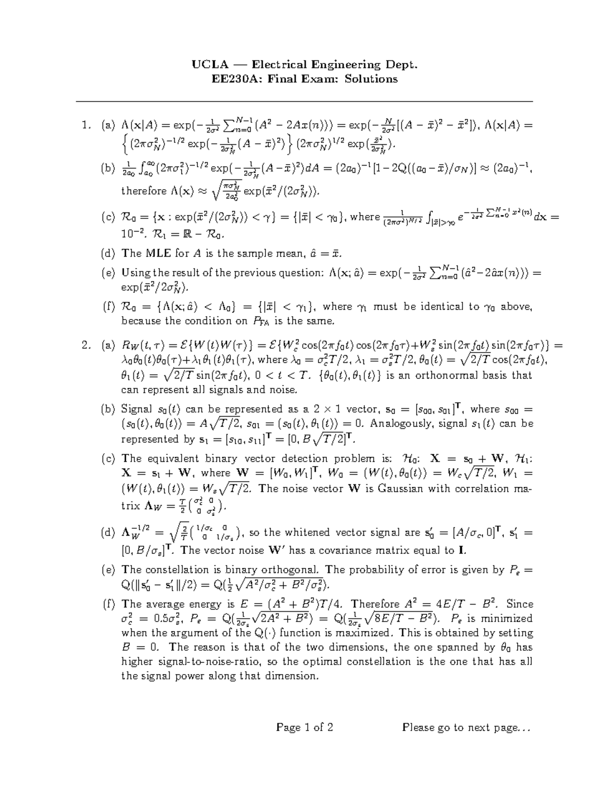 230A 1 Fin Sol - Prof Yao Finals solutions - UCLA — Electrical ...