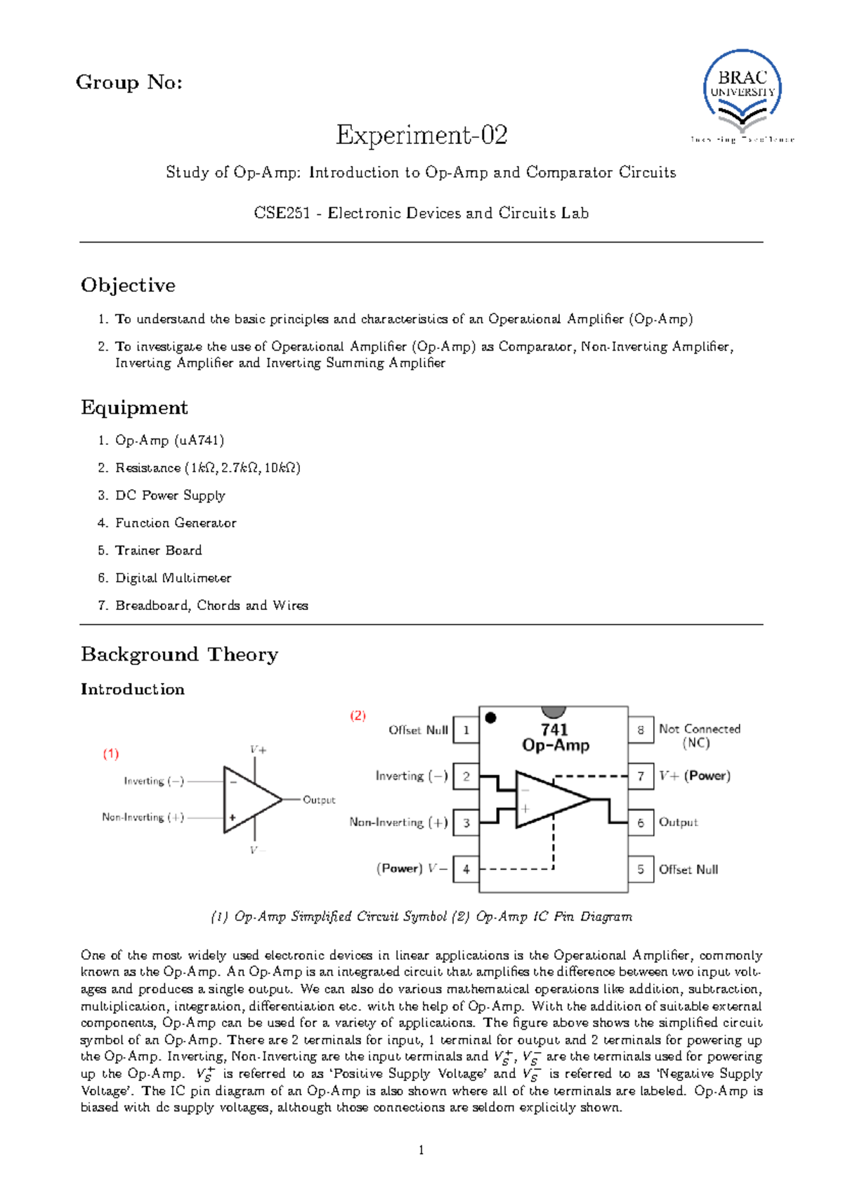 Exp 02 CSE251 Summer 2024 - Experiment- Study of Op-Amp: Introduction to Op-Amp and Comparator ...
