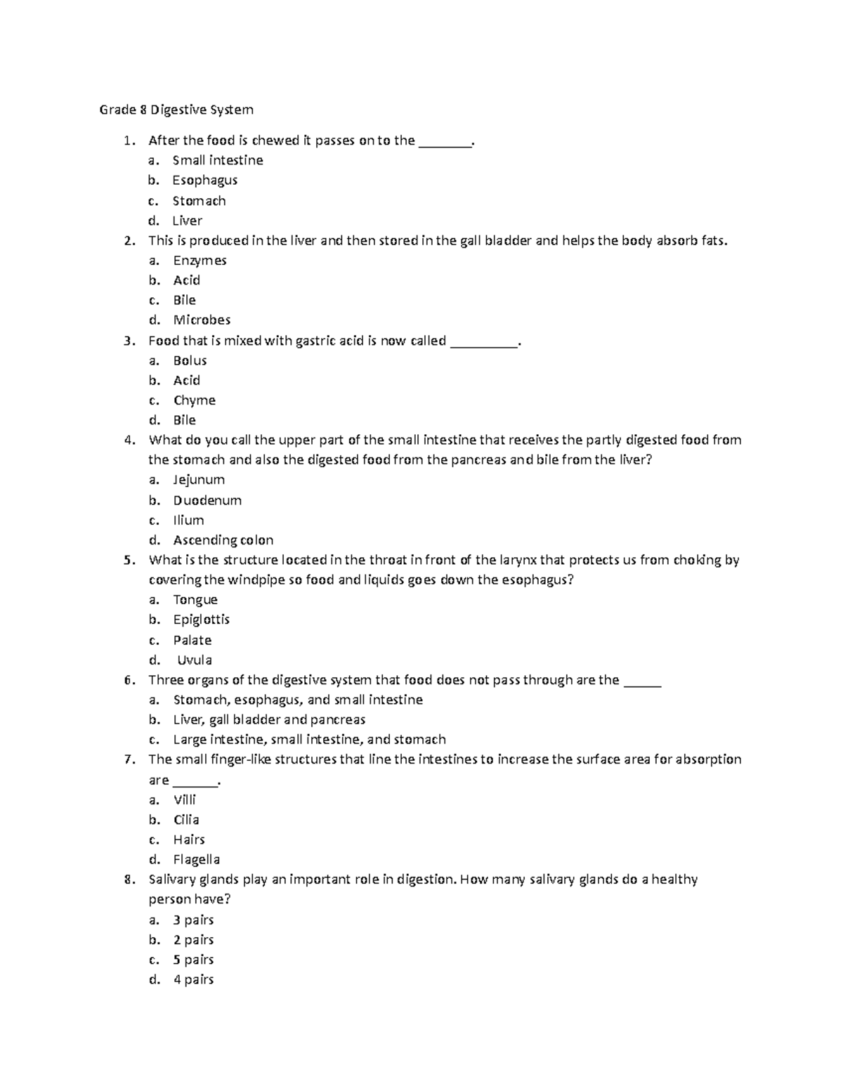 Grade 8 Digestive System Mastery Test - Grade 8 Digestive System After ...
