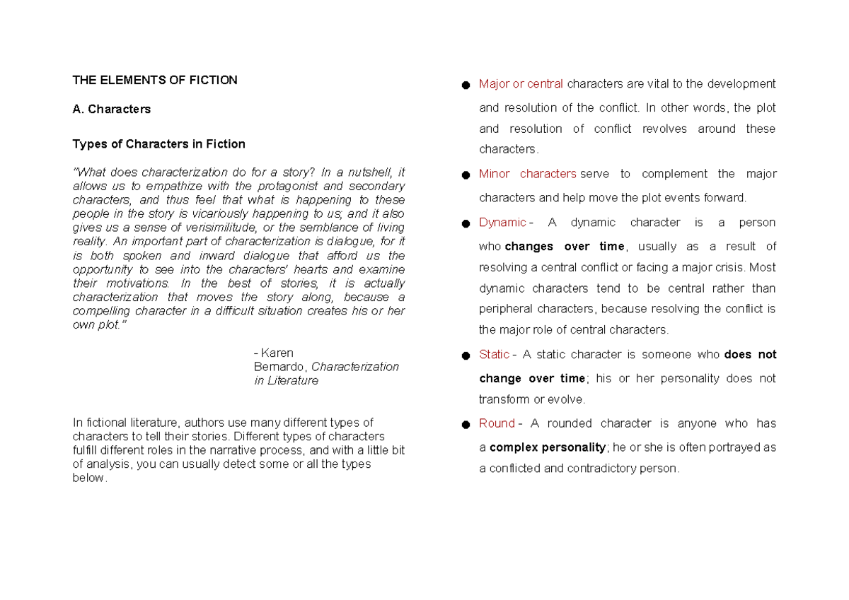 Handout 4 - Elements of a Story - THE ELEMENTS OF FICTION A. Characters ...