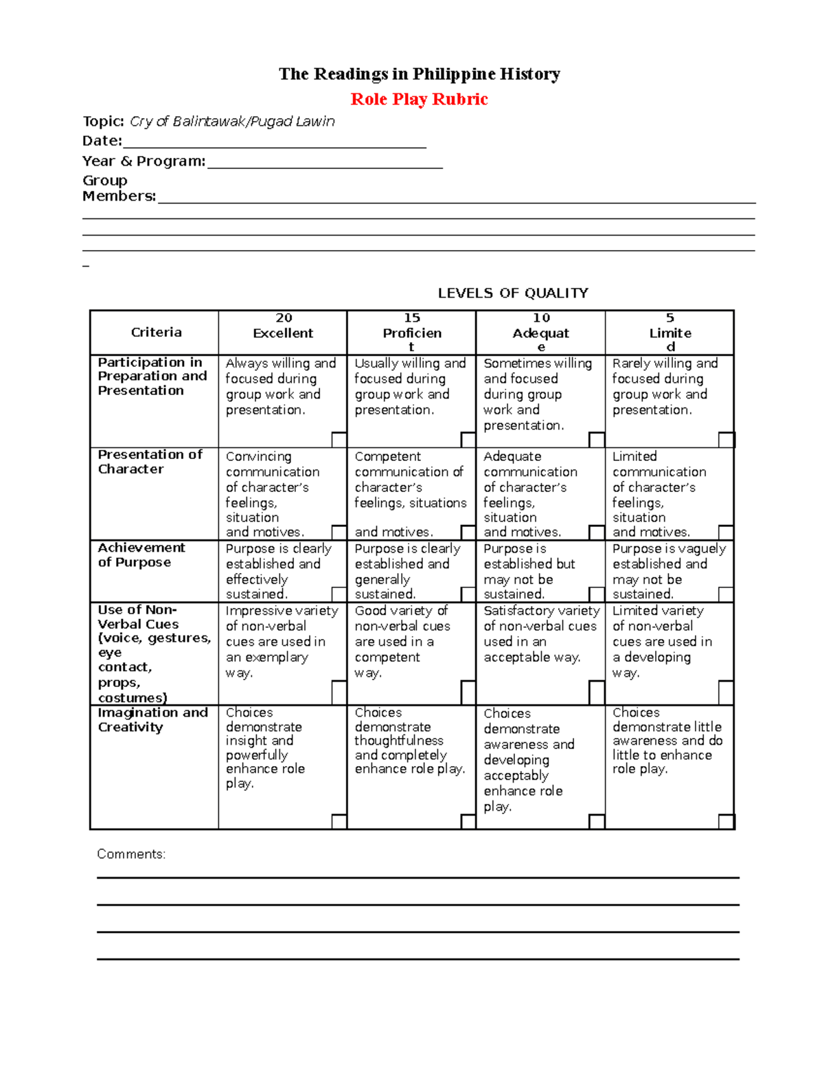 Roleplay- Rubric - dffe - The Readings in Philippine History Role Play ...