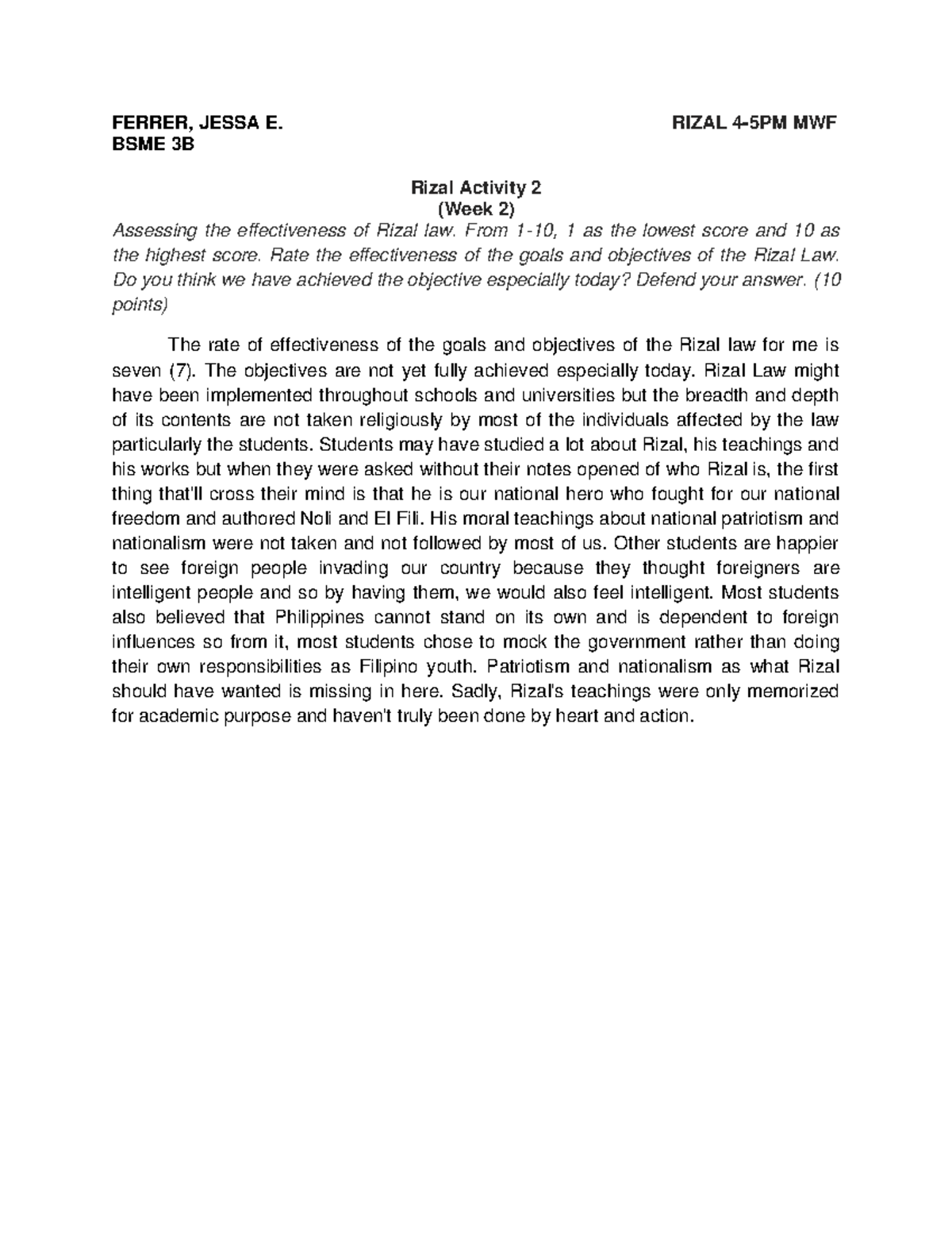 Ferrer- Rizal-ACT 2- Essay WEEK 2 - FERRER, JESSA E. RIZAL 4-5PM MWF ...