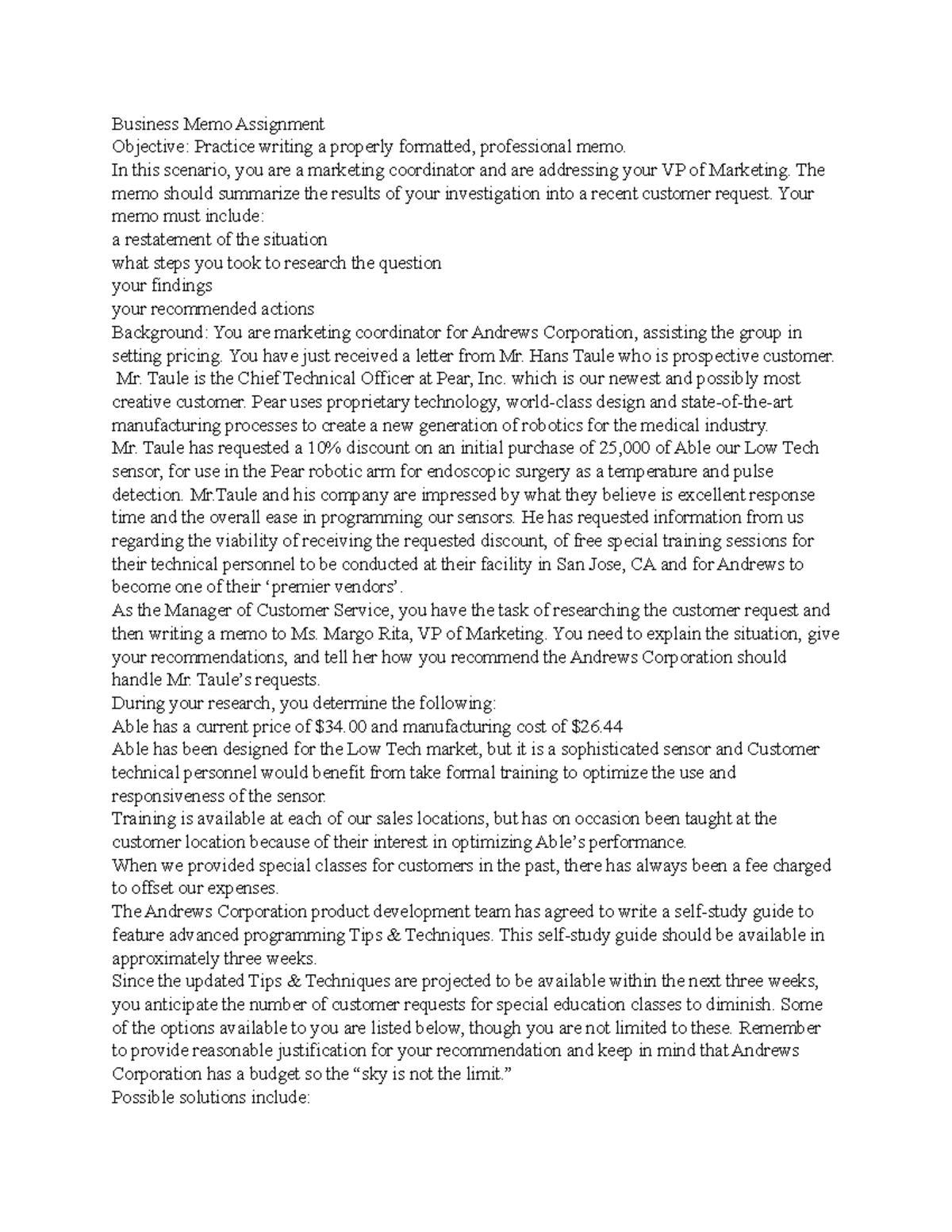 Business Memo Instructions - Business Memo Assignment Objective ...