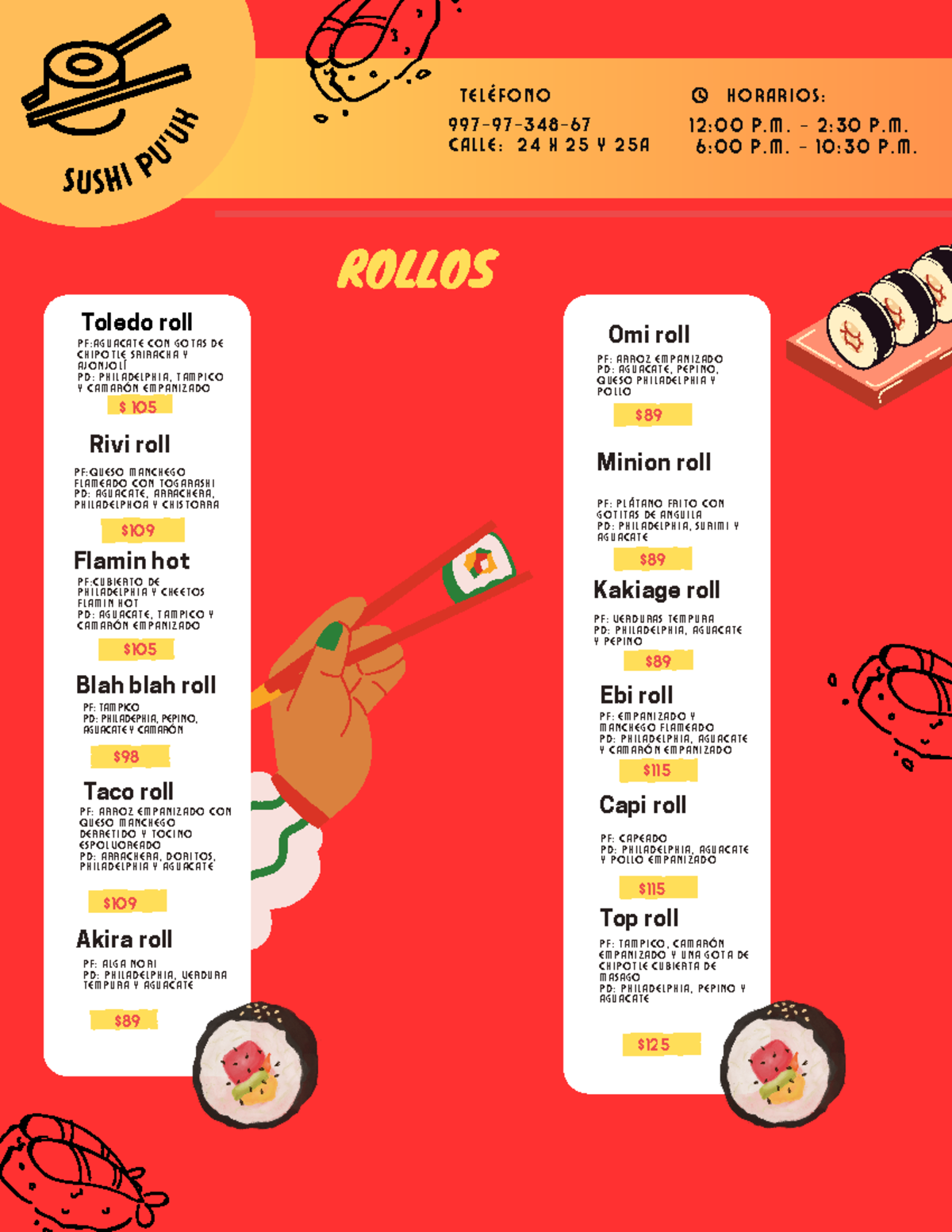 Flyer Comida Menú de Sushi Tradicional Rojo y Negro-2 - S U S H I P U ' U K $ $ PF: TAMPICO ...