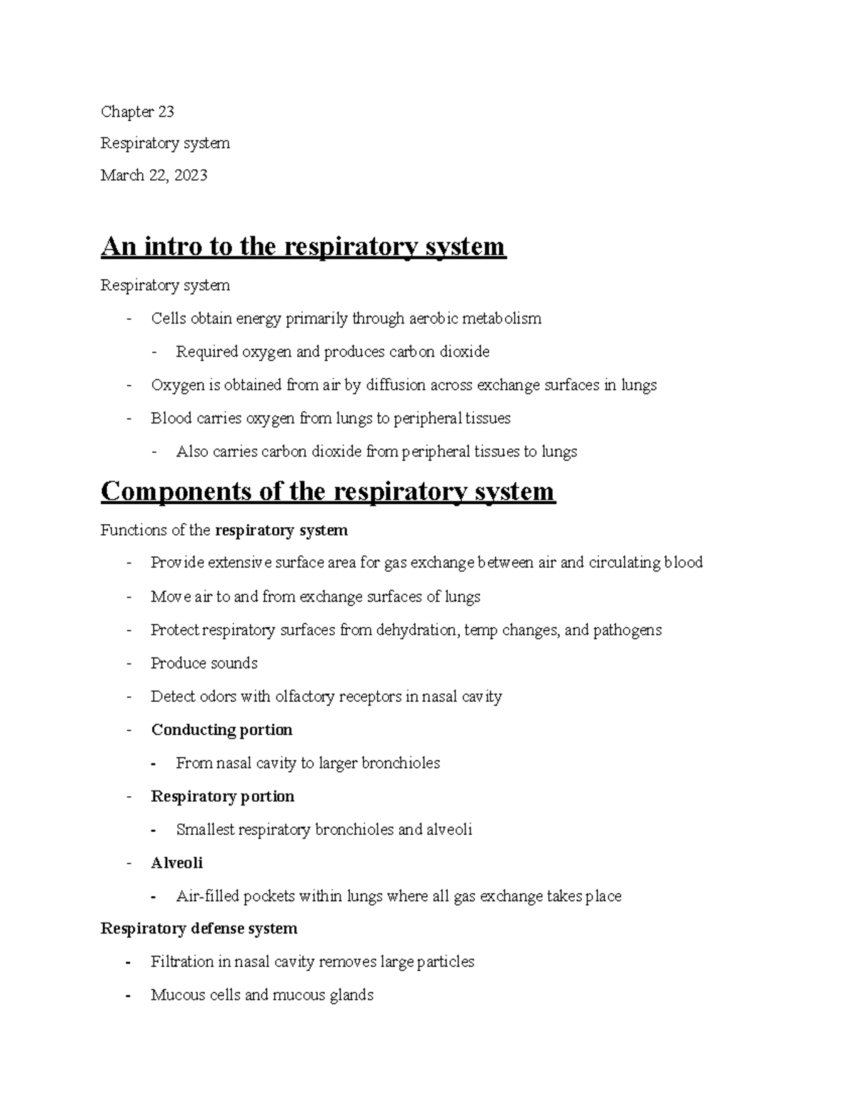 BIO222 chap 23 - respiratory system - Chapter 23 Respiratory system ...