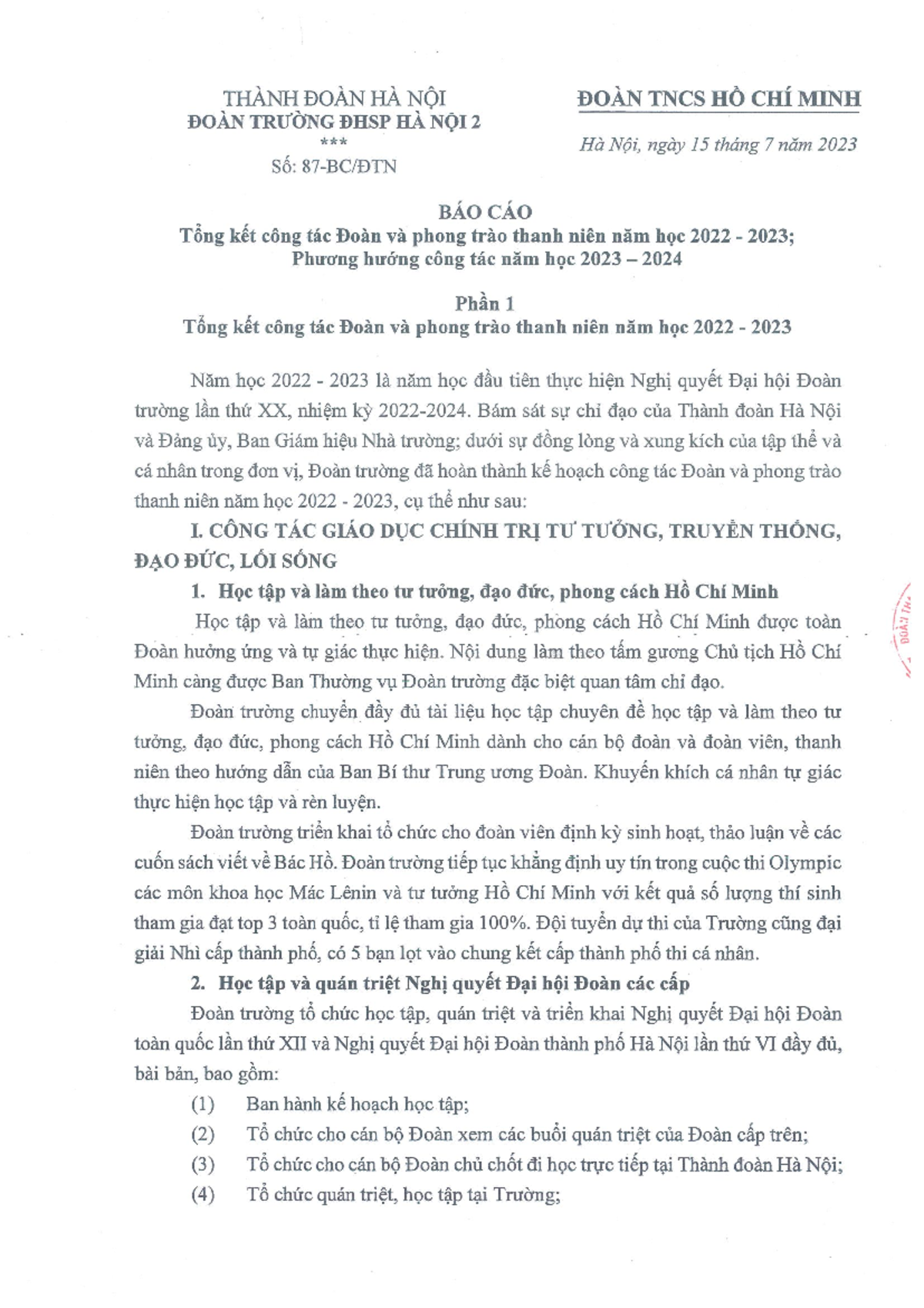 87 BC tổng kết công tác Đoàn trường SP2 năm học 2022-2023 - THANH DOAN HA NÔI DOAN TNCS HO CHI ...