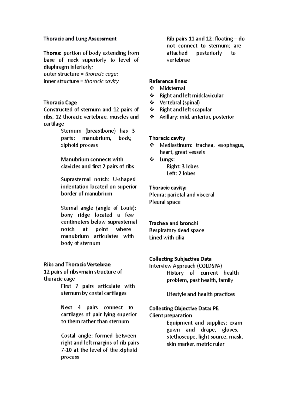 Thoracic and Lung Assessment - Thoracic and Lung Assessment Thorax ...