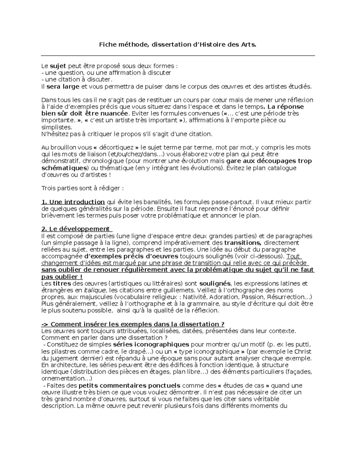 Méthode dissert - Fiche méthode, dissertation d’Histoire des Arts. Le ...