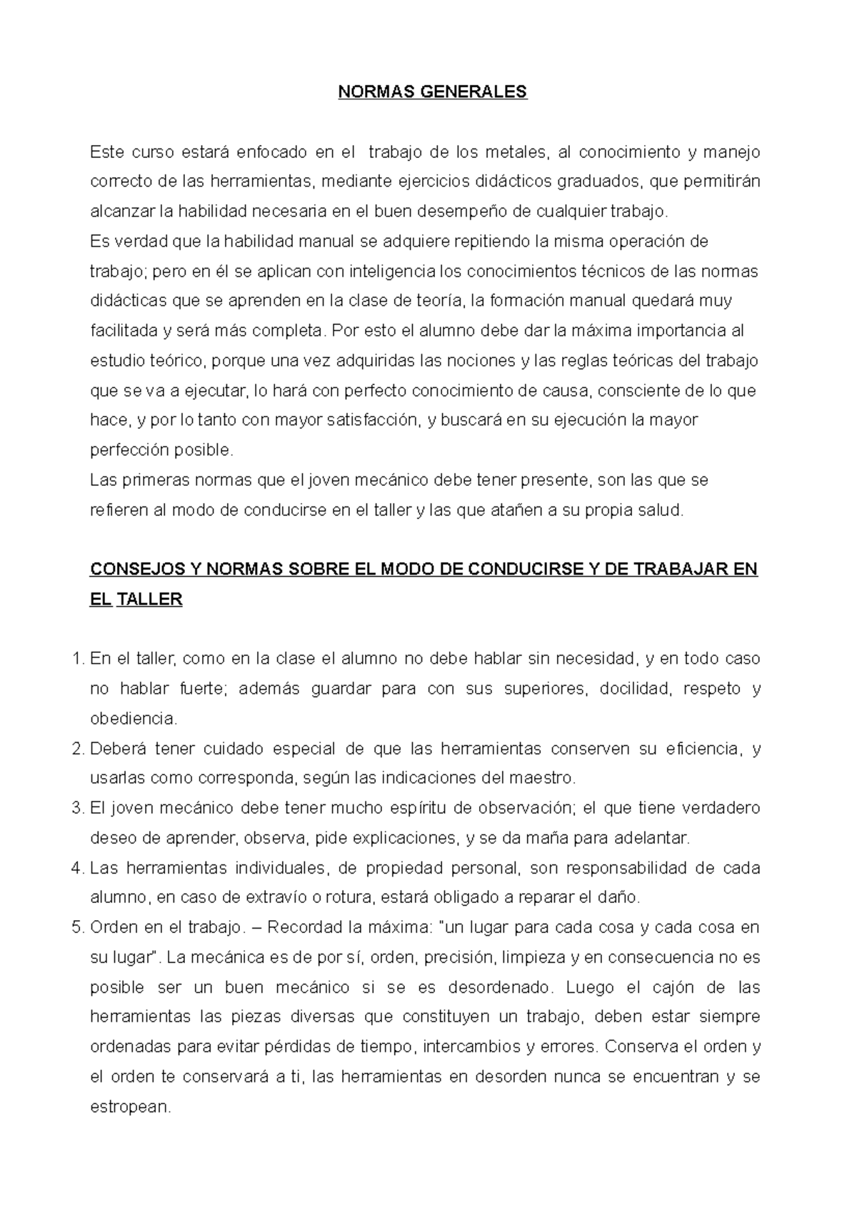 LA Seguridad EN EL Taller Mecánico - NORMAS GENERALES Este curso estará ...