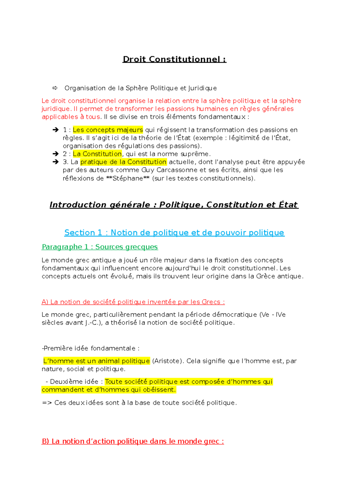 Cours de droit Constitutionnel - Droit Constitutionnel : Organisation de la Sphère Politique et ...