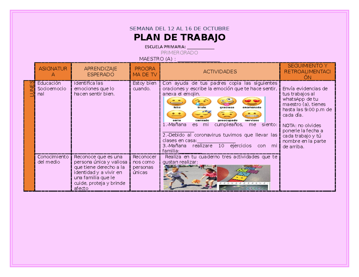 1° Semana OCHO - SEMANA DEL 12 AL 16 DE OCTUBRE PLAN DE TRABAJO ESCUELA ...
