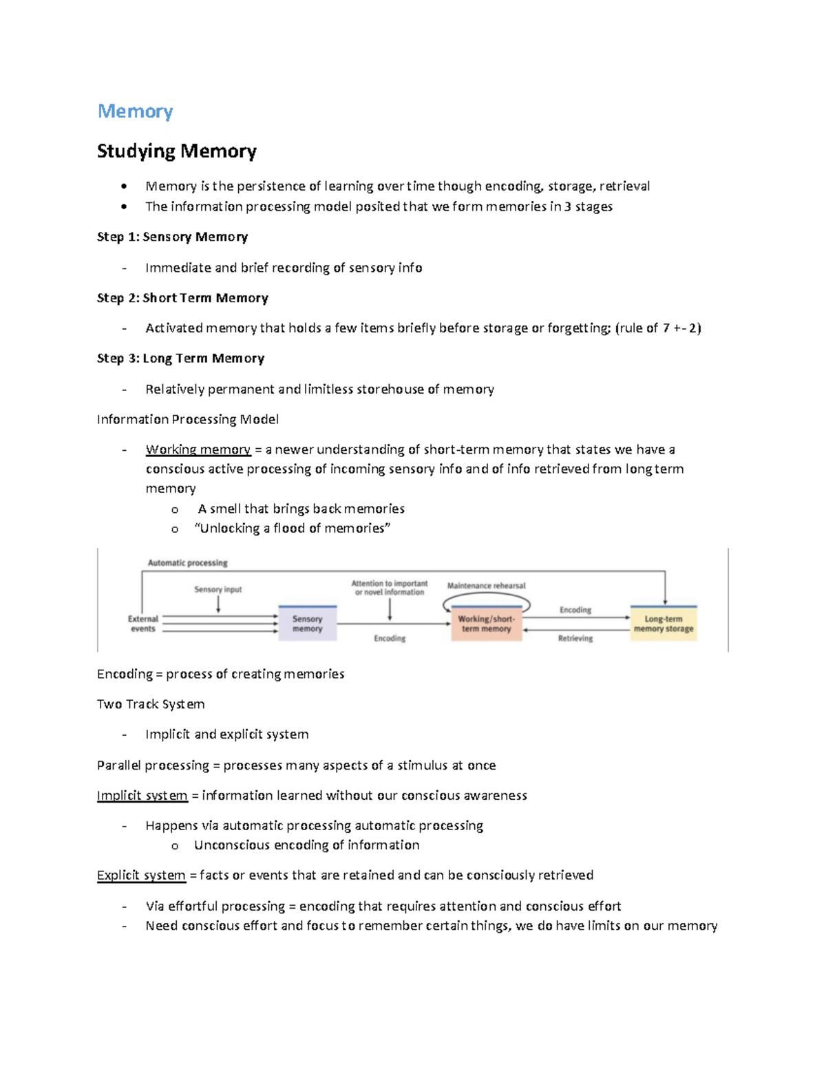 Memory - Corcoran - Memory Studying Memory Memory is the persistence of learning over time ...