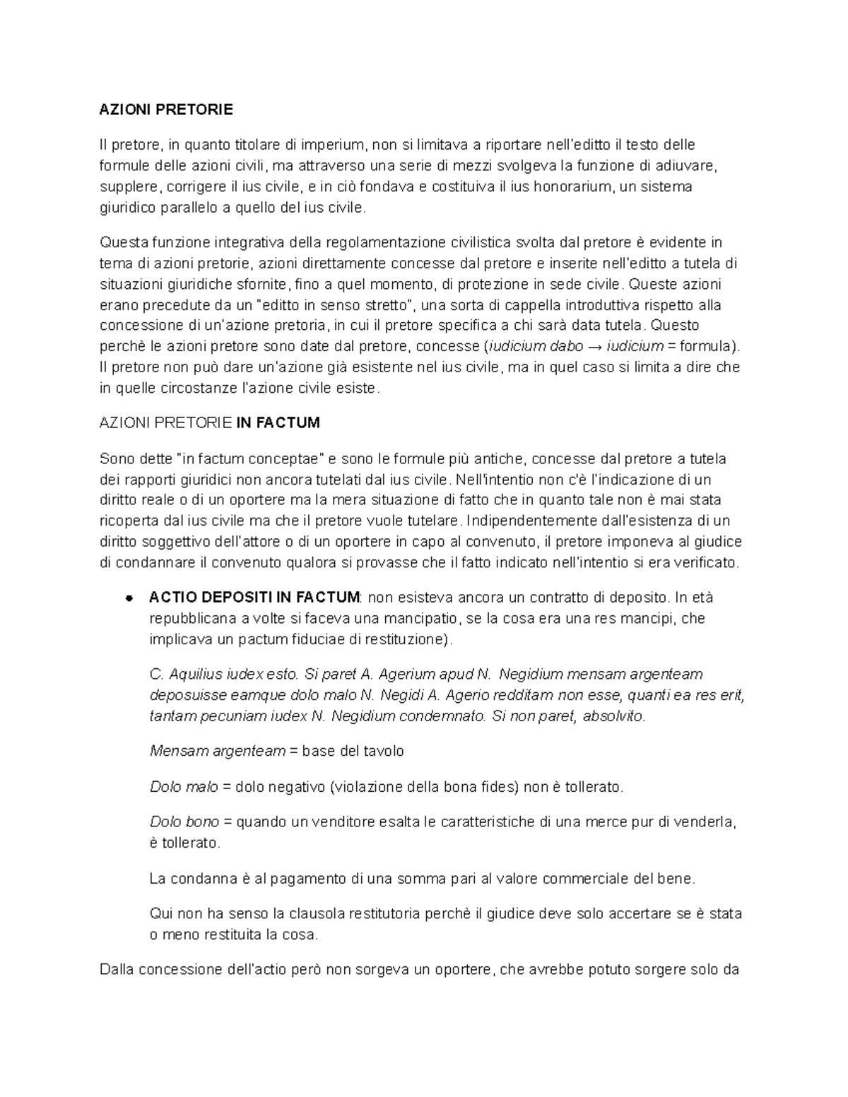 Diritto Romano - Azioni pretorie, actio publiciana, azioni adiettizie ...