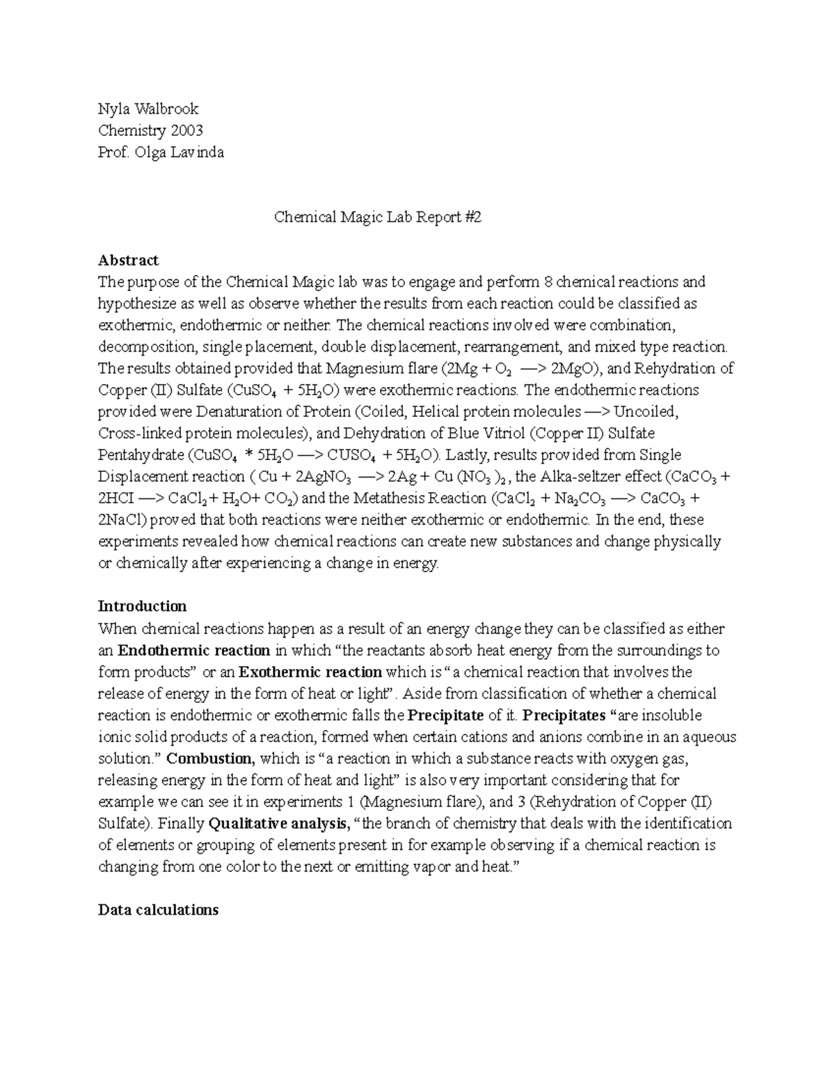 Chemical Magic Lab Report #2 - Nyla Walbrook Chemistry 2003 Prof. Olga ...