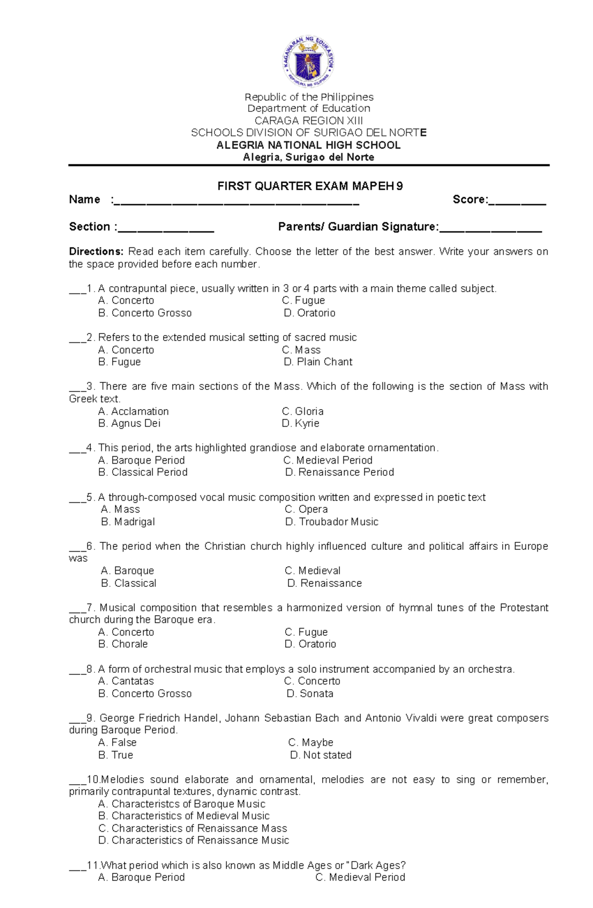 1st-q-exam - Quarterly Exam Science - Republic of the Philippines ...
