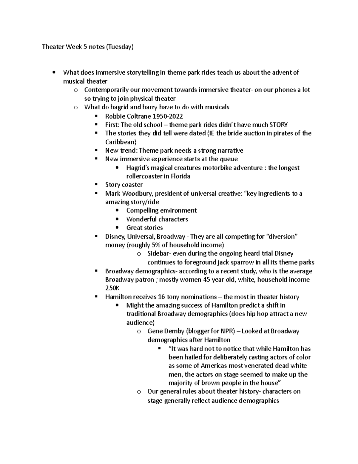 Theater Week 5 notes - Theater Week 5 notes (Tuesday) What does ...