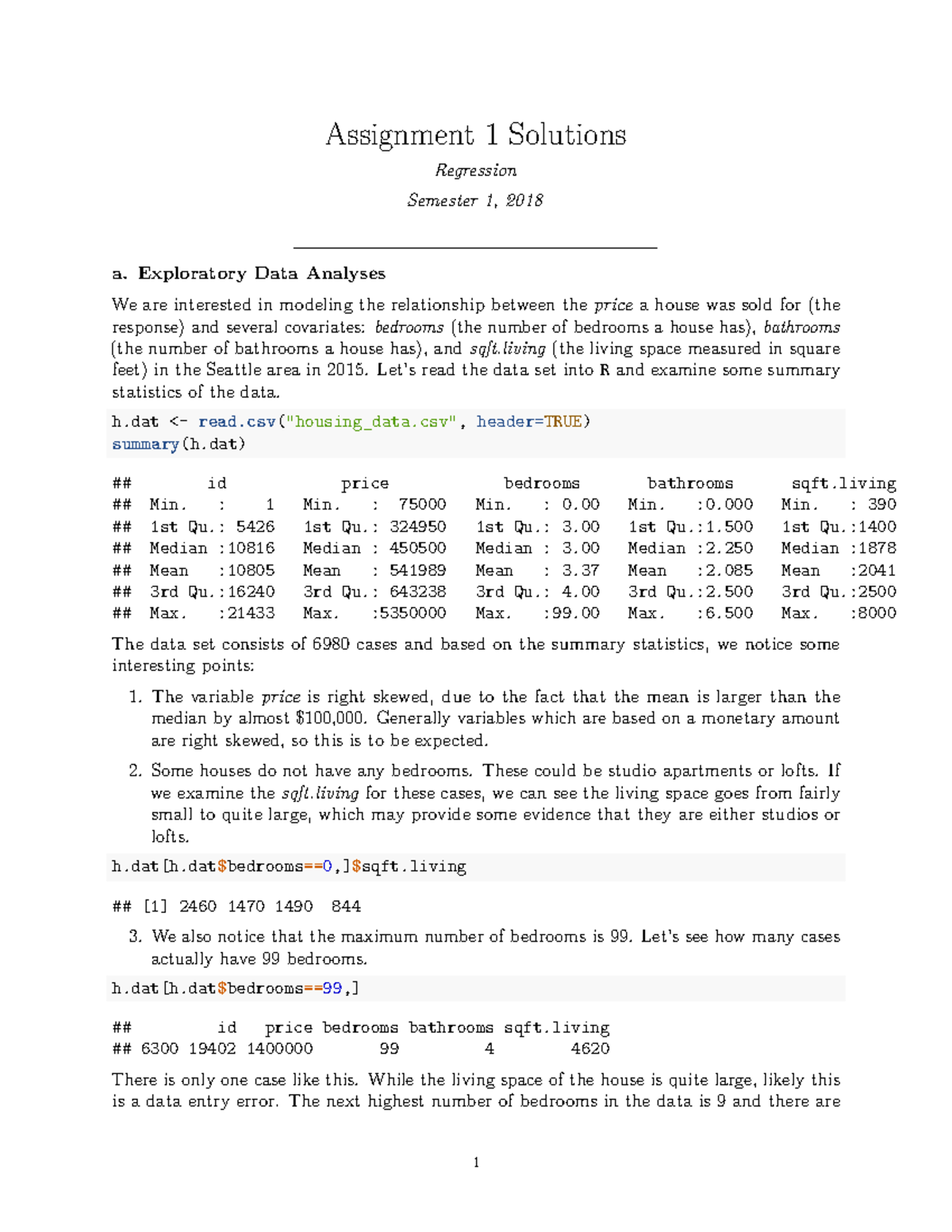 Assignment 1 Solutions - Assignment 1 Solutions Regression Semester 1 ...