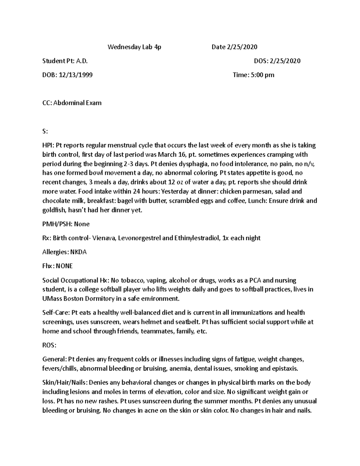 Abdominal exam soap 220 - Wednesday Lab 4p Date 2/25/ Student Pt: A ...