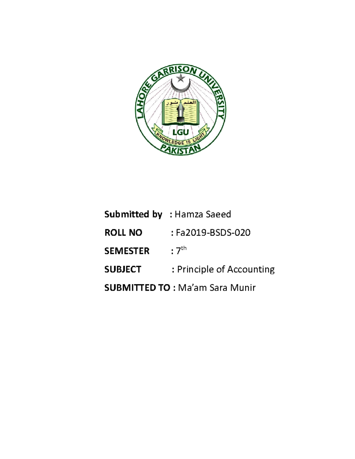 Accounting 20 - cer - Submitted by : Hamza Saeed ROLL NO : Fa2019-BSDS ...