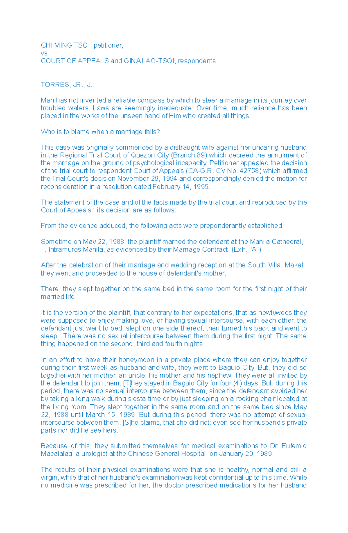 CHI MING TSOI v CA - Persons and family law - CHI MING TSOI, petitioner ...