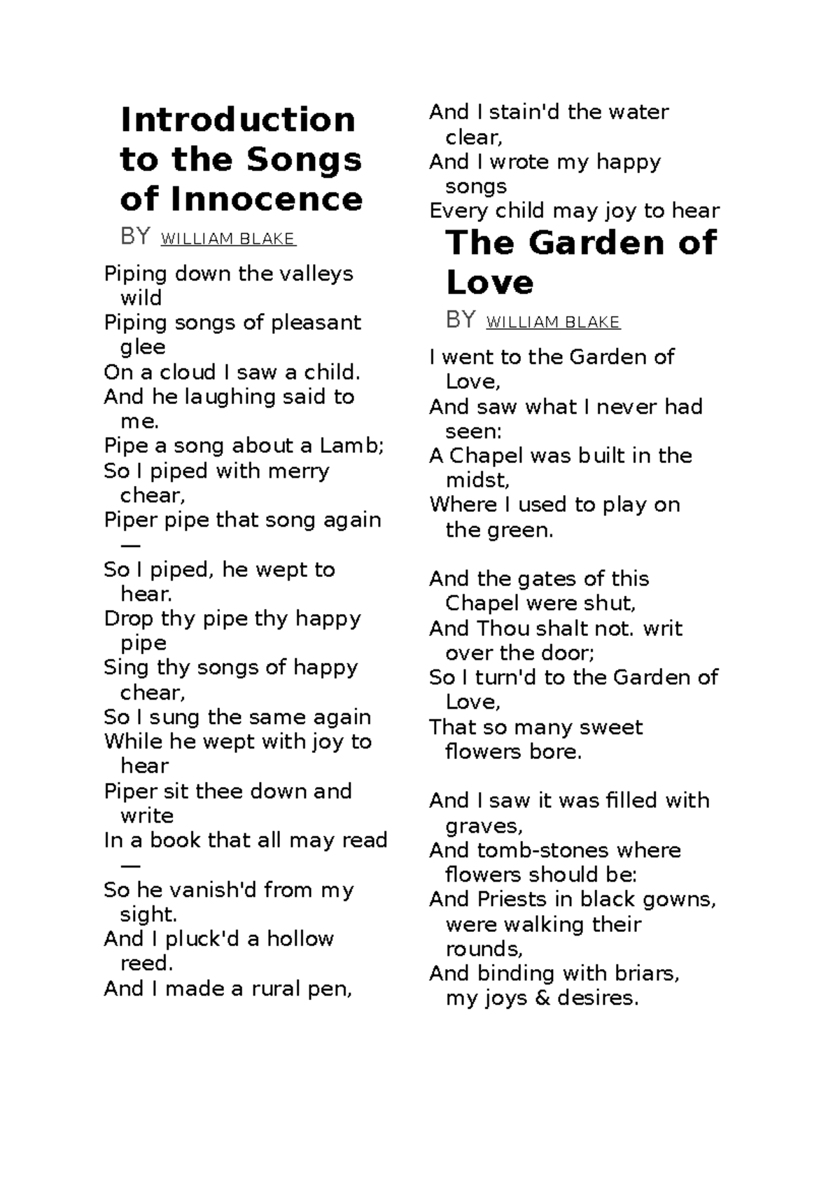 Blake Poems - Lecture notes 3 - Introduction to the Songs of Innocence ...