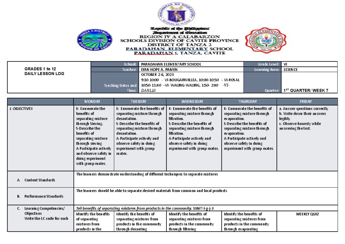 Science DLL Q1 WEEK 7 - A LESSON LOG FOR GRADE 6 PUPILS - GRADES 1 to ...