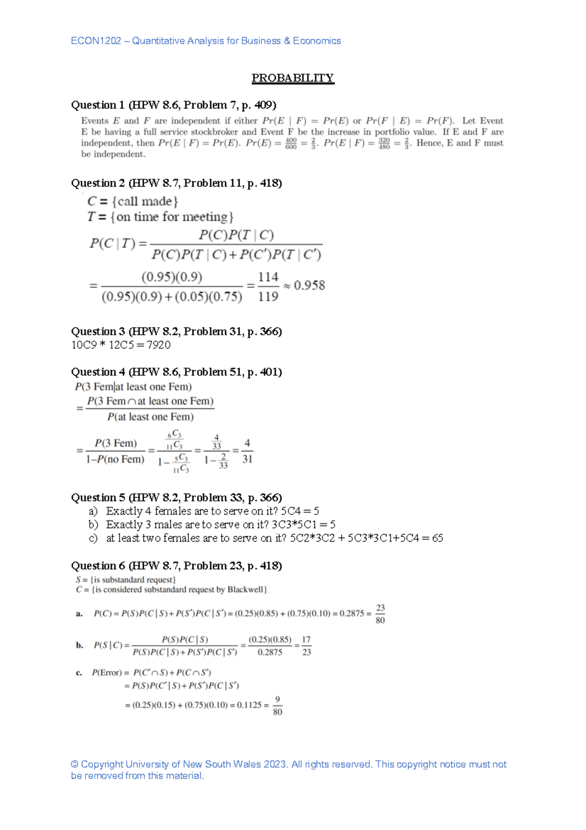 Probability Solution - Extra tutorial - ECON1202 – Quantitative Analysis for Business & - Studocu