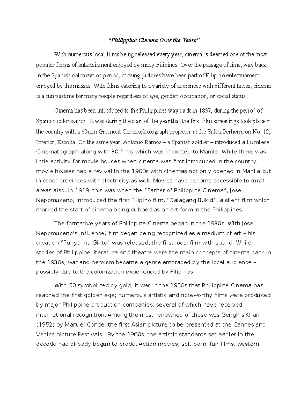 PH Cinema Over the Years - “Philippine Cinema Over the Years” With ...