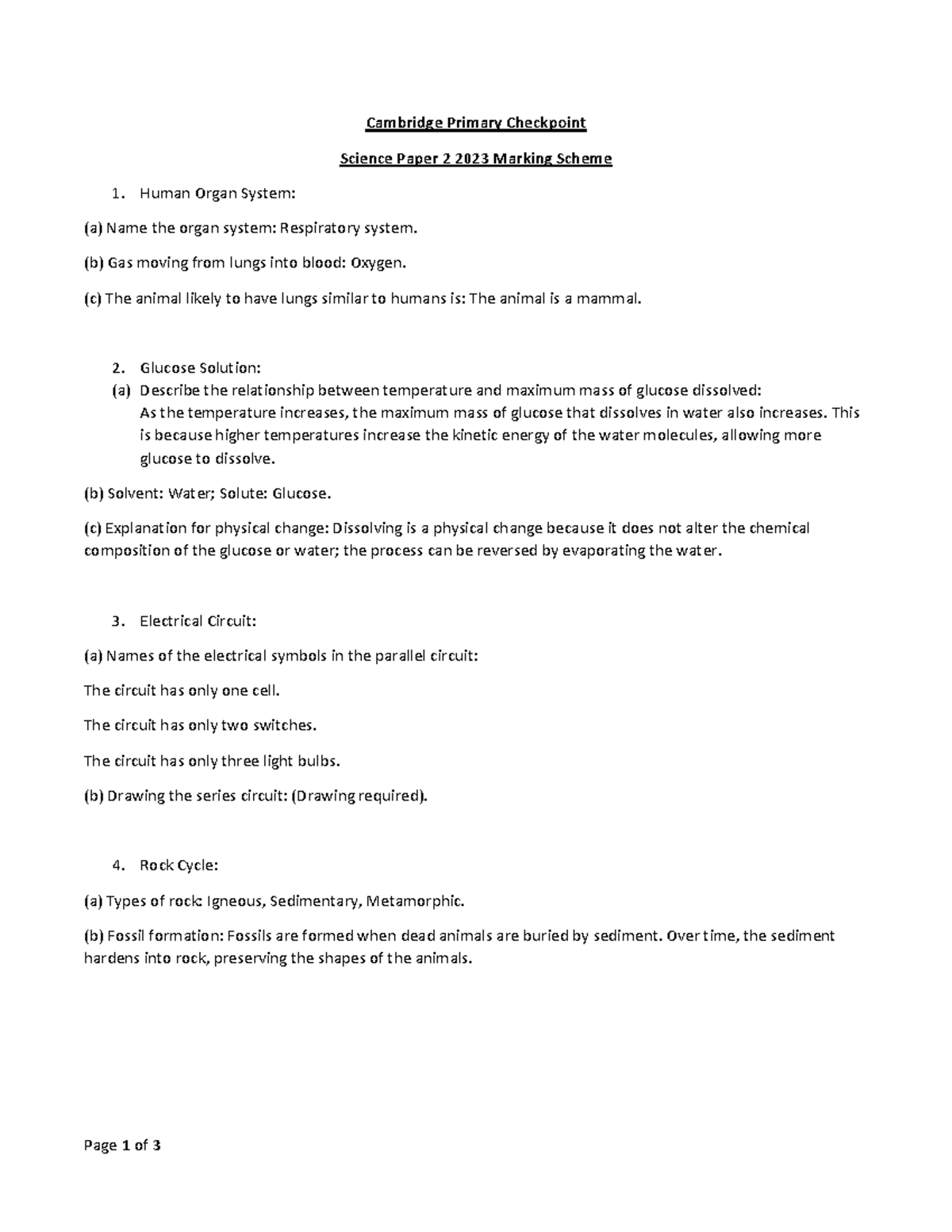 Cambridge Primary Checkpoint Science Paper 2 2023 Marking Scheme - (b ...