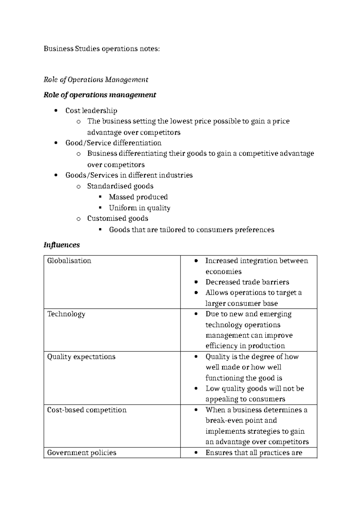 Business Studies operations notes - business conducts offshoring to ...