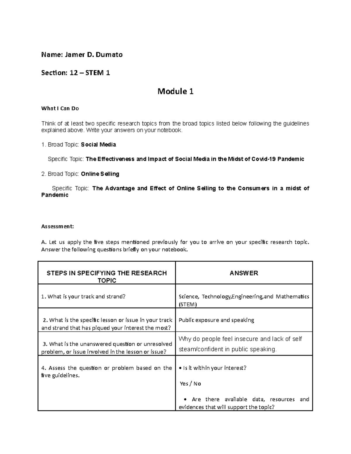 3is- for senior high - Name: Jamer D. Dumato Section: 12 – STEM 1 ...