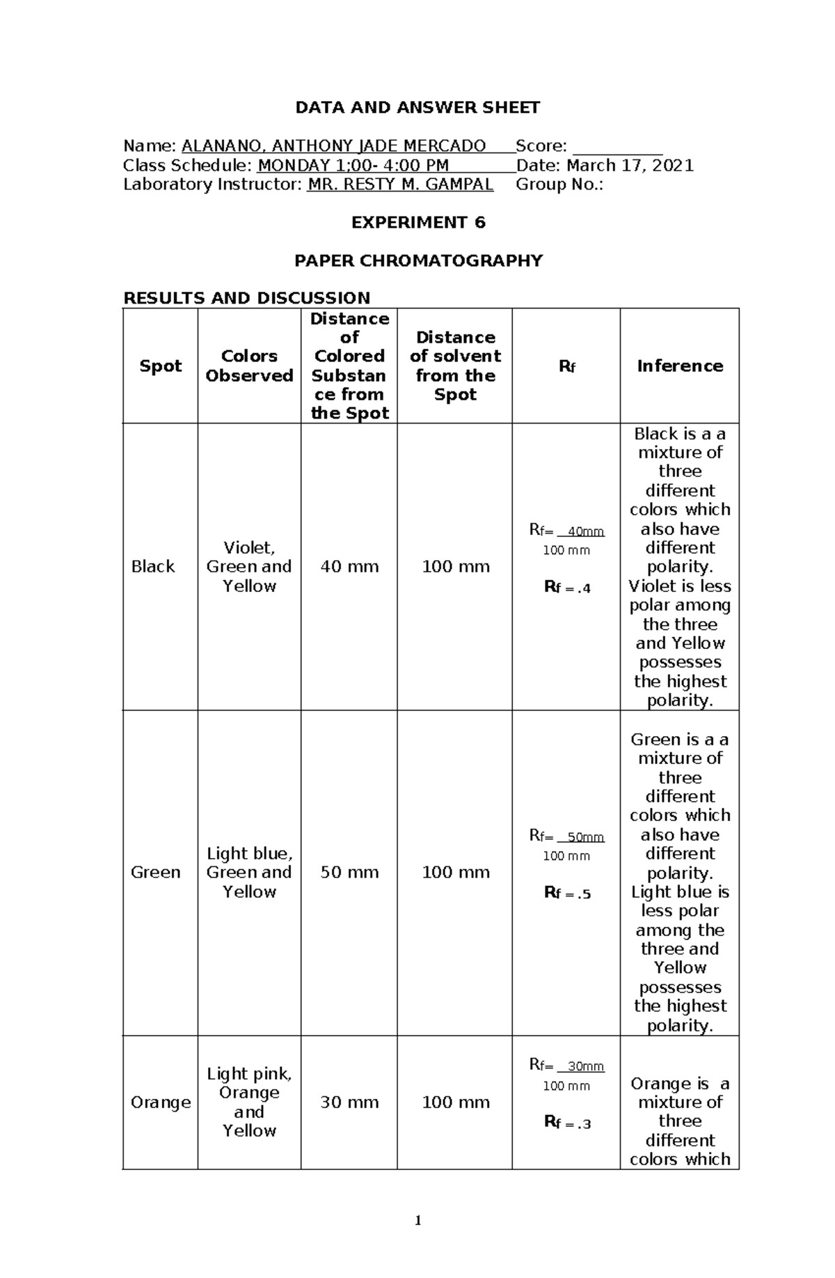 EXPERIMENT 5 - Paper Chromatography - DATA AND ANSWER SHEET Name ...