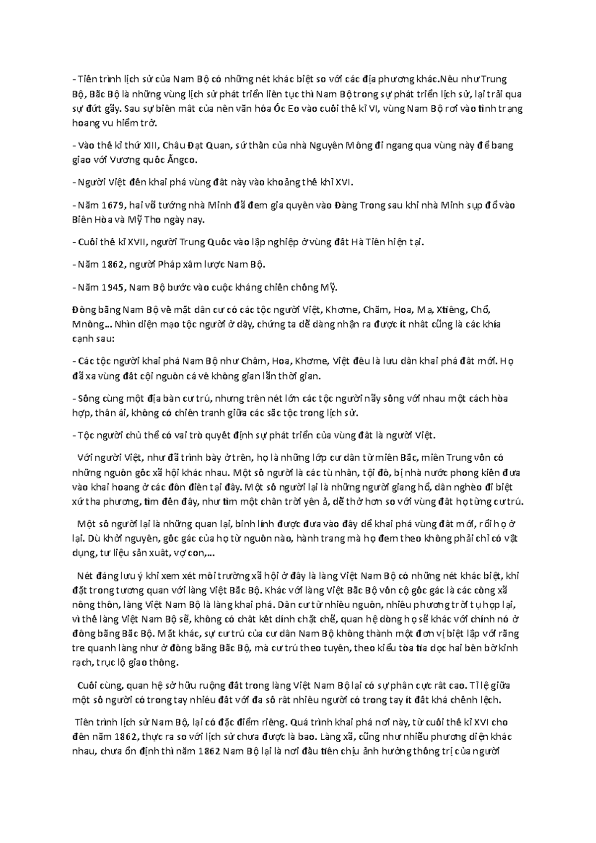 Lịch sử phát triển - Tiếến trình l ch s c a Nam B có nh ng nét khác bi t so v i các đ a ph ng ...