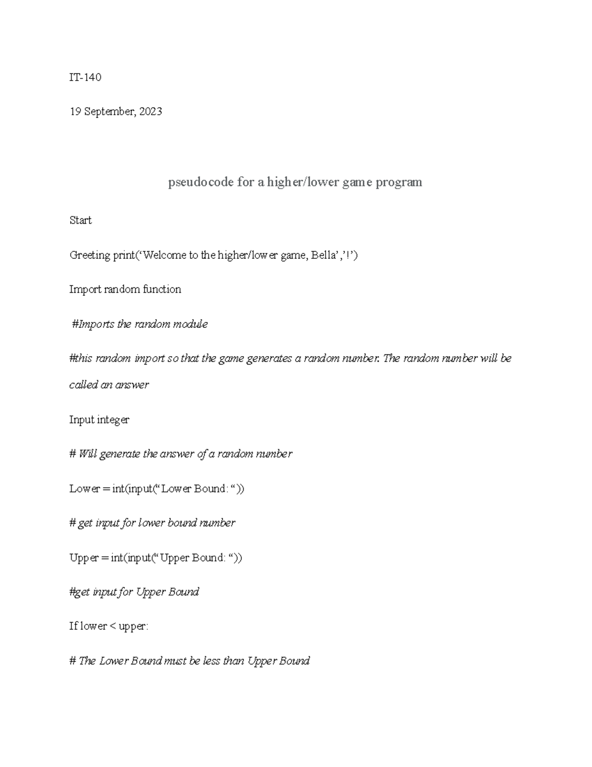 Mod 4 Scripting Course Work Assignment It 19 September 2023 Pseudocode For A Higherlower 
