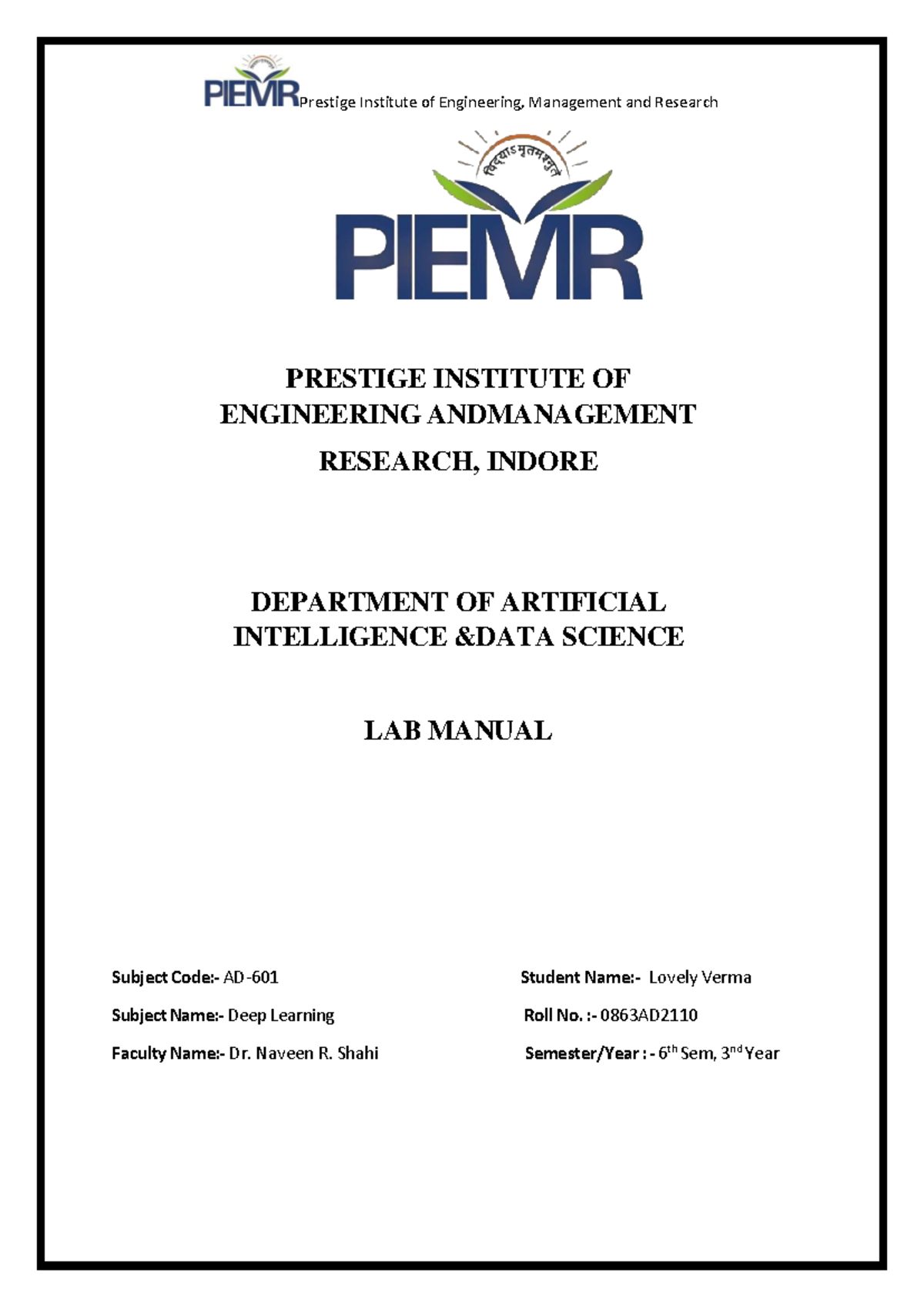 DL Lab Manual-1 - Lab file of deep learning - PRESTIGE INSTITUTE OF ...