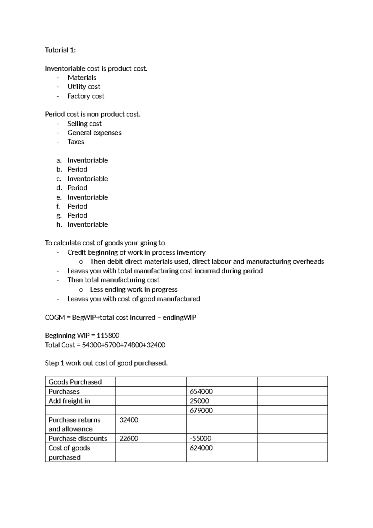Tutorial 1 - Tutorial 1: Inventoriable cost is product cost ...