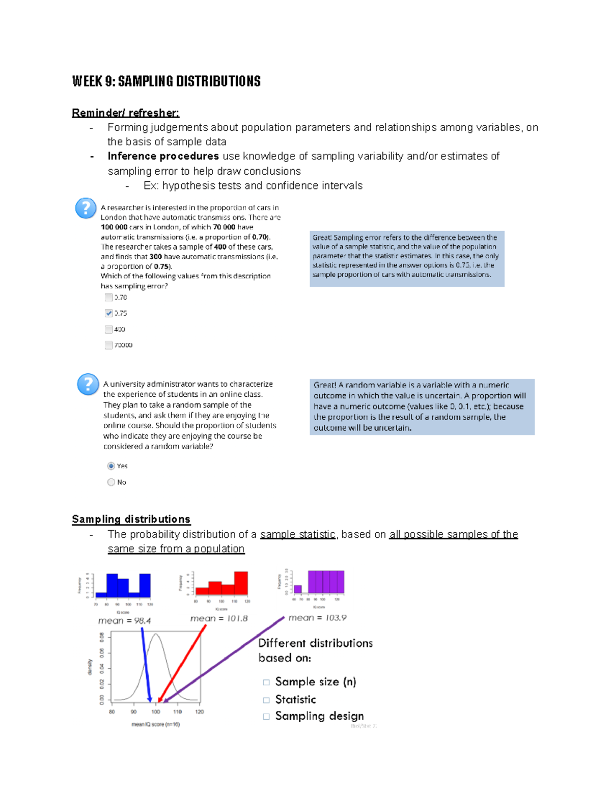 Stats notes modules 9 - WEEK 9: SAMPLING DISTRIBUTIONS Reminder ...