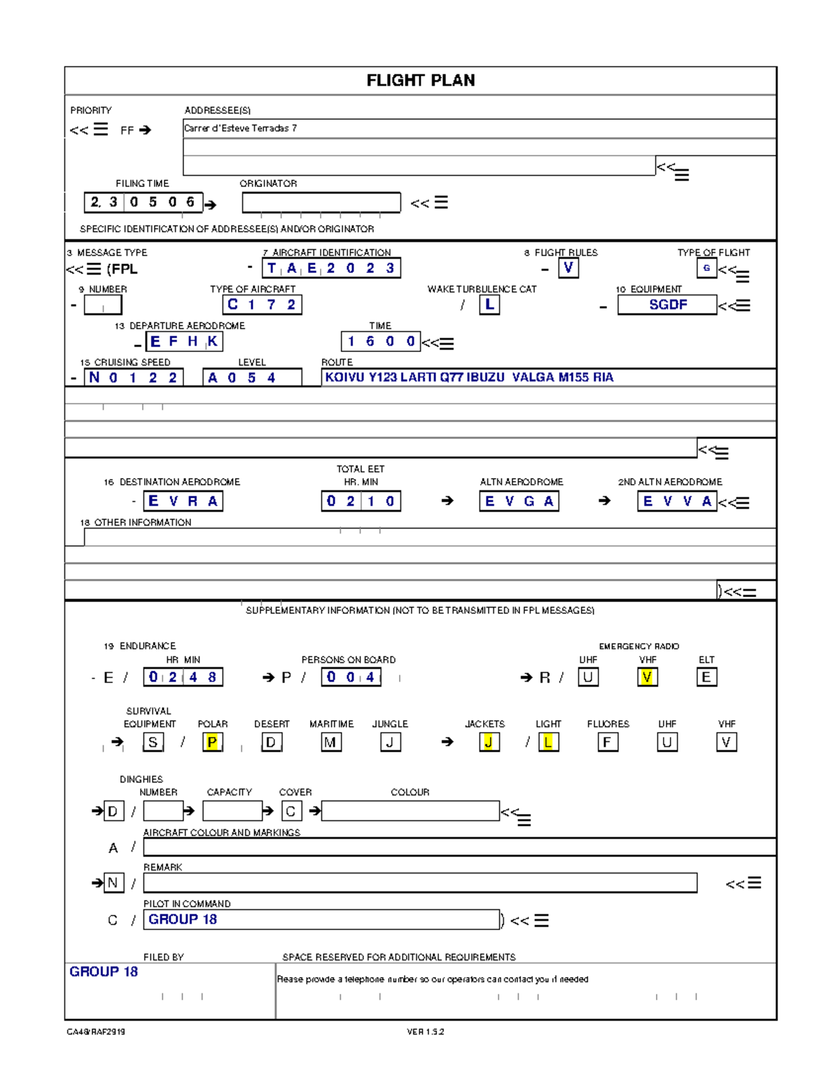 ICAO flight plan group 18 - FLIGHT PLAN PRIORITY ADDRESSEE(S)
