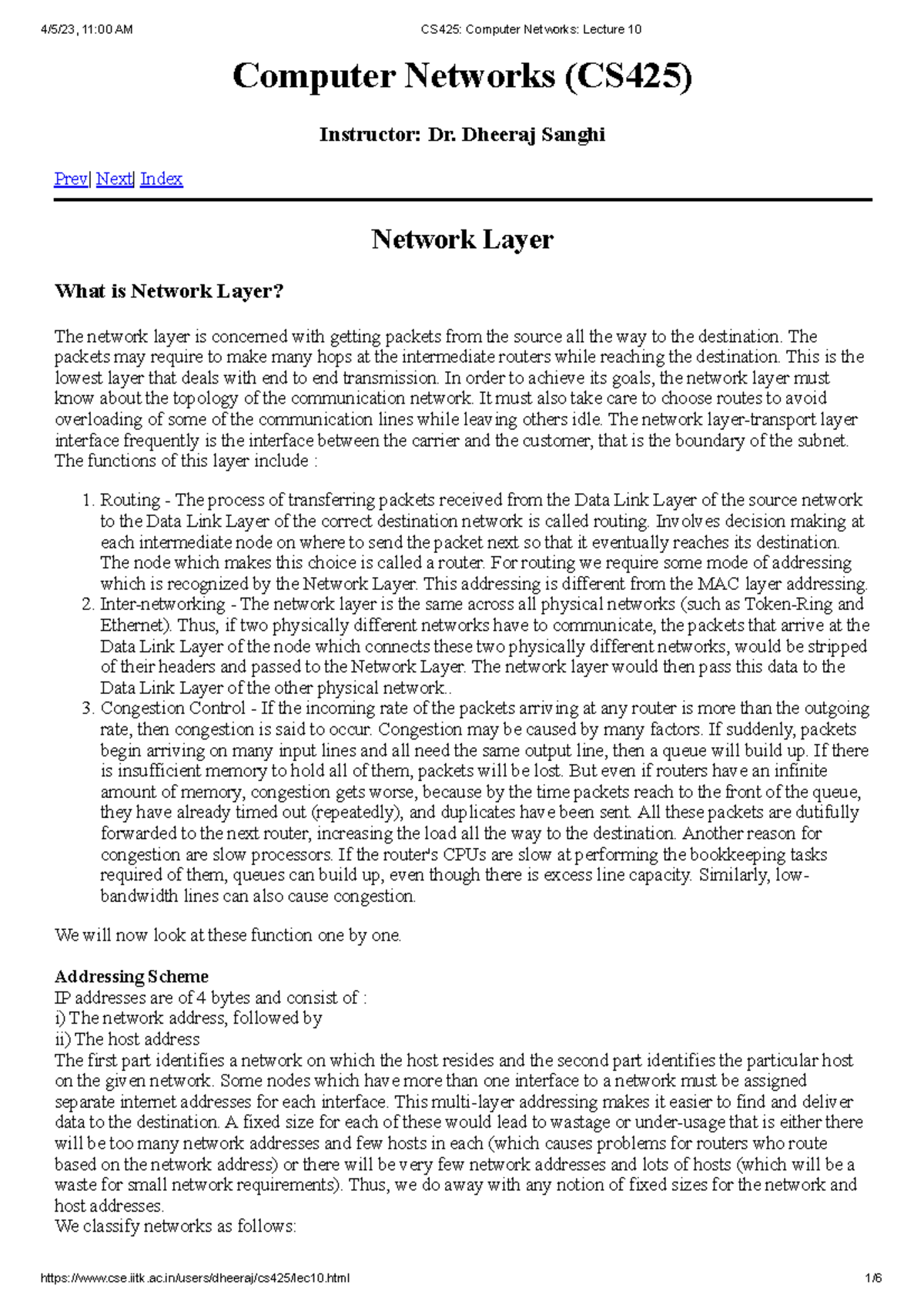 Network Layer Notes Computer Networks Cs425 Instructor Dr