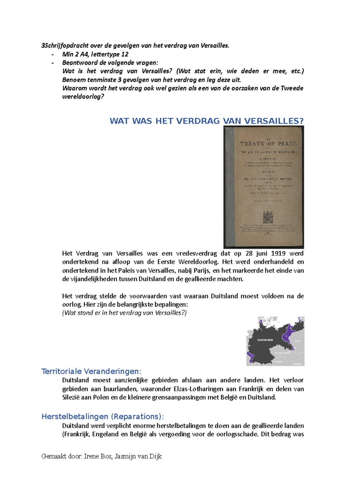 Verdrag van Versailles - Min 2 A4, lettertype 12 - Beantwoord de ...