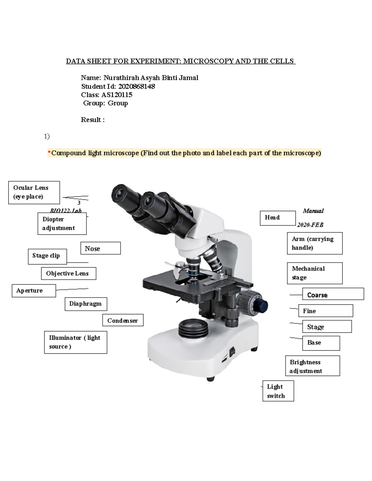 DATA Sheet FOR Experiment BIO - DATA SHEET FOR EXPERIMENT: MICROSCOPY ...