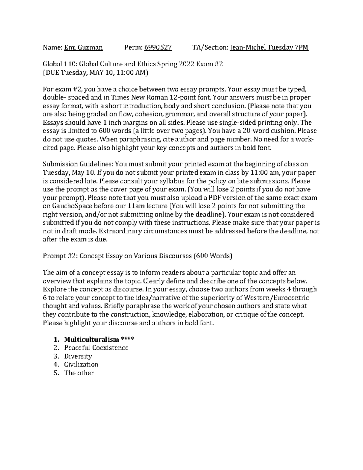 Paper #2 Multiculturalism PDF - Name: Emi Guzman Perm: 6990527 Tuesday ...
