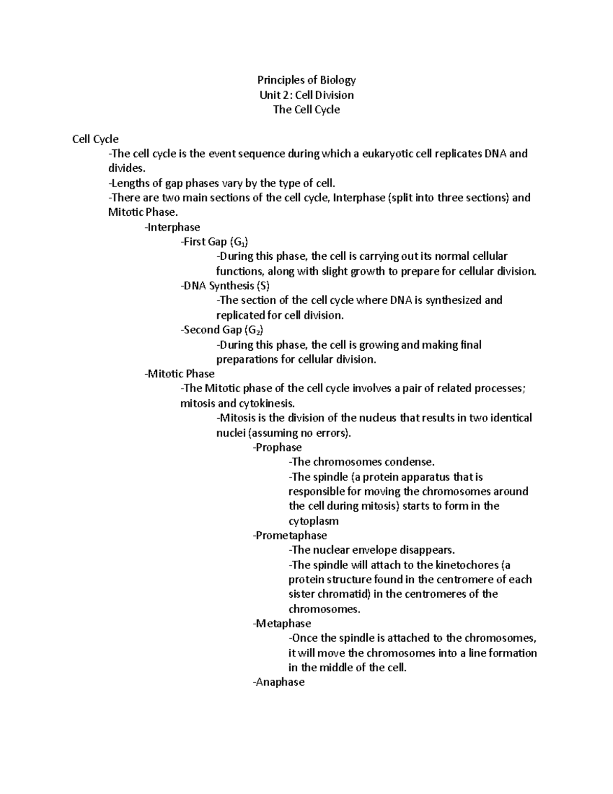 AP Bio Cell Cycle - Principles of Biology Unit 2: Cell Division The ...