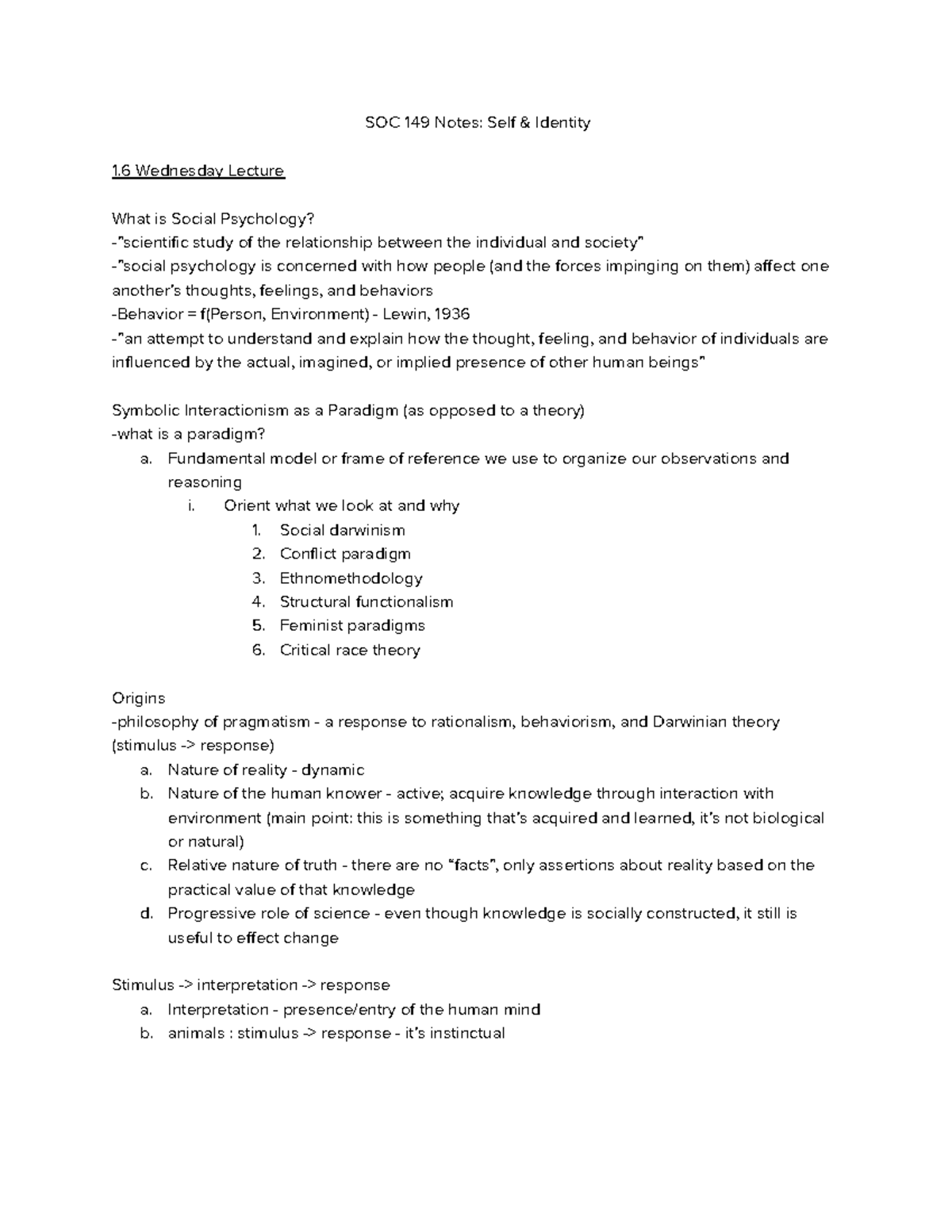 SOC 149 Lecture Notes - Professor Cast - SOC 149 Notes: Self & Identity ...