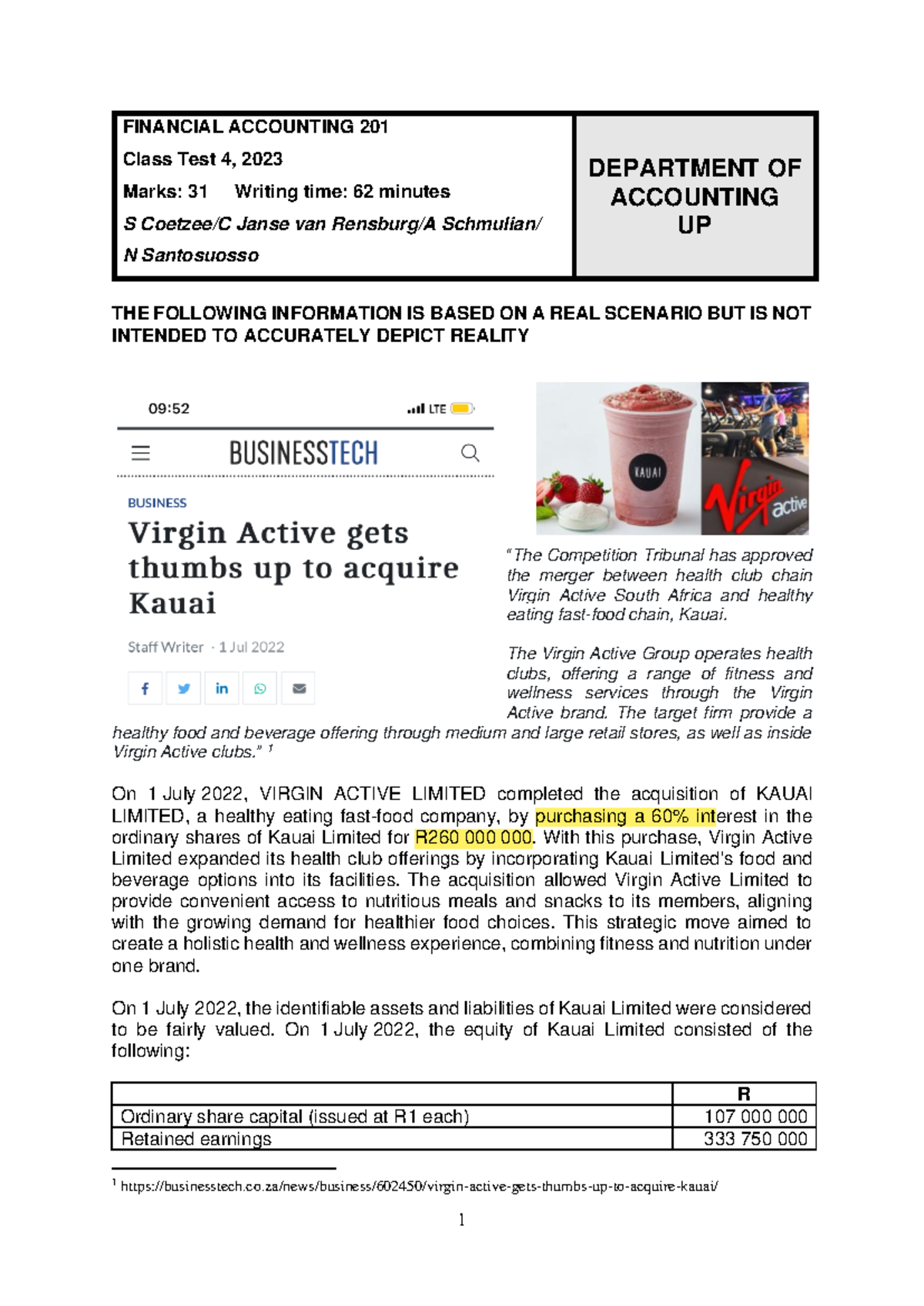 class test 4 2020 - FINANCIAL ACCOUNTING 201 Class Test 4, 2023 Marks ...