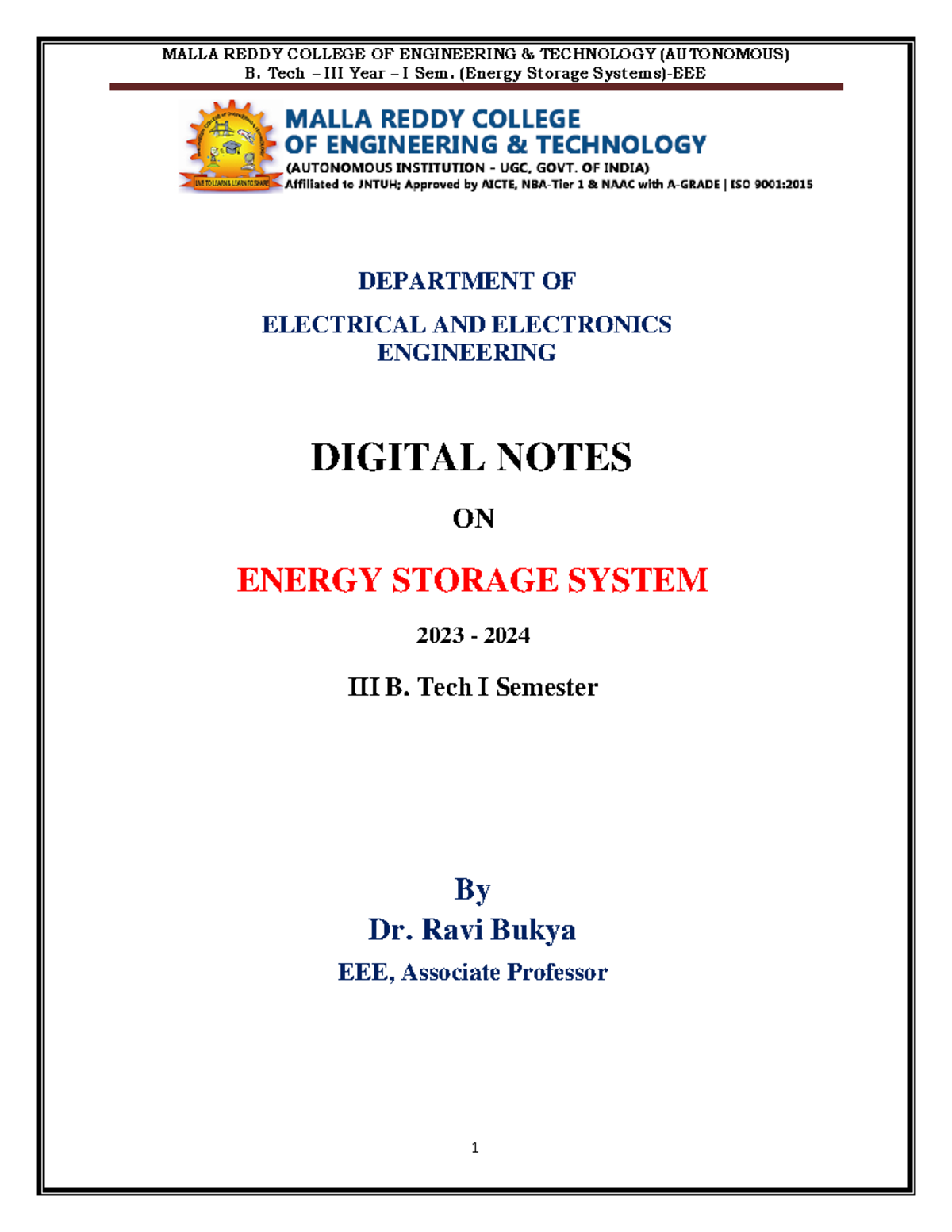 Energy Storage Systems Digital Notes - B. Tech – III Year – I Sem ...