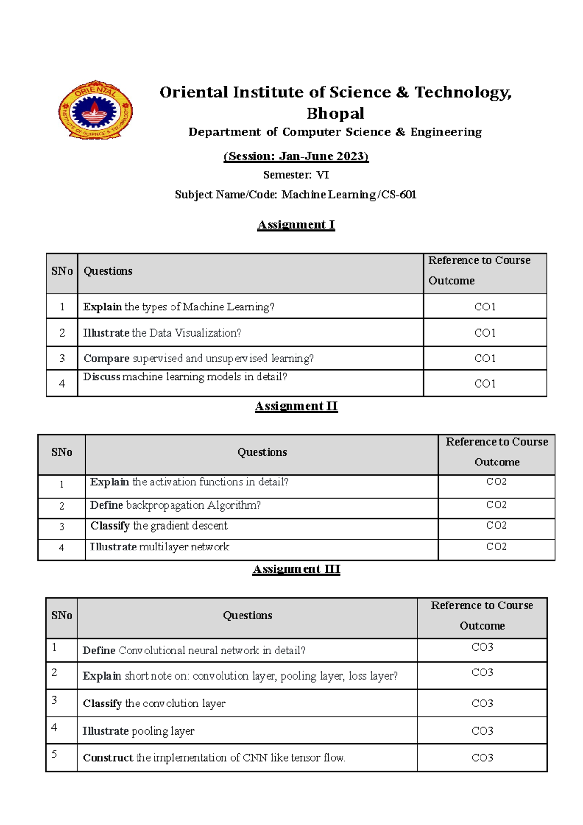 CS-601 ML Assignments - Oriental Institute of Science & Technology, Bhopal Department of - Studocu